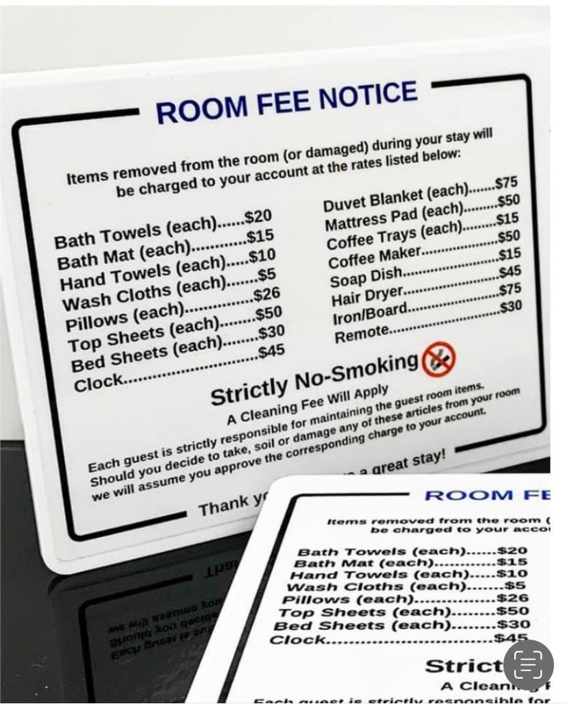 Hotel Motel Room Charges (Fee) Wall Mount Sign | Room Signs
